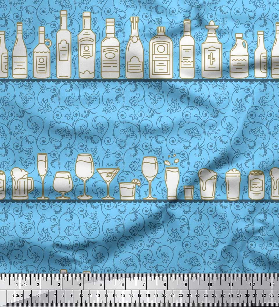 Soimoi Silk Fabric Swirl,Bottle & Cocktail Bar Print Fabric by The Yard ...