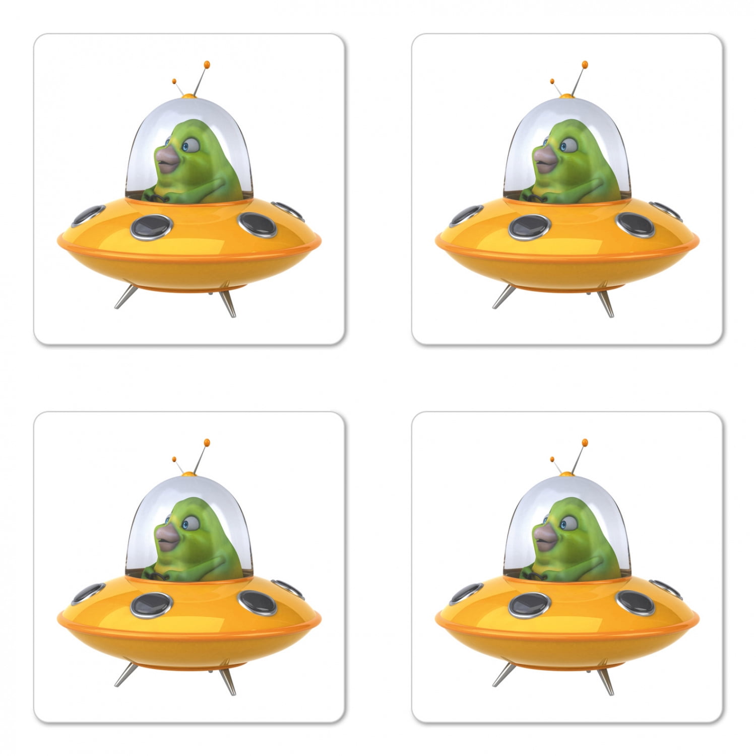 Alien Coaster Set of 4, Funny Monster in a Spaceship Traveling Galaxies ...