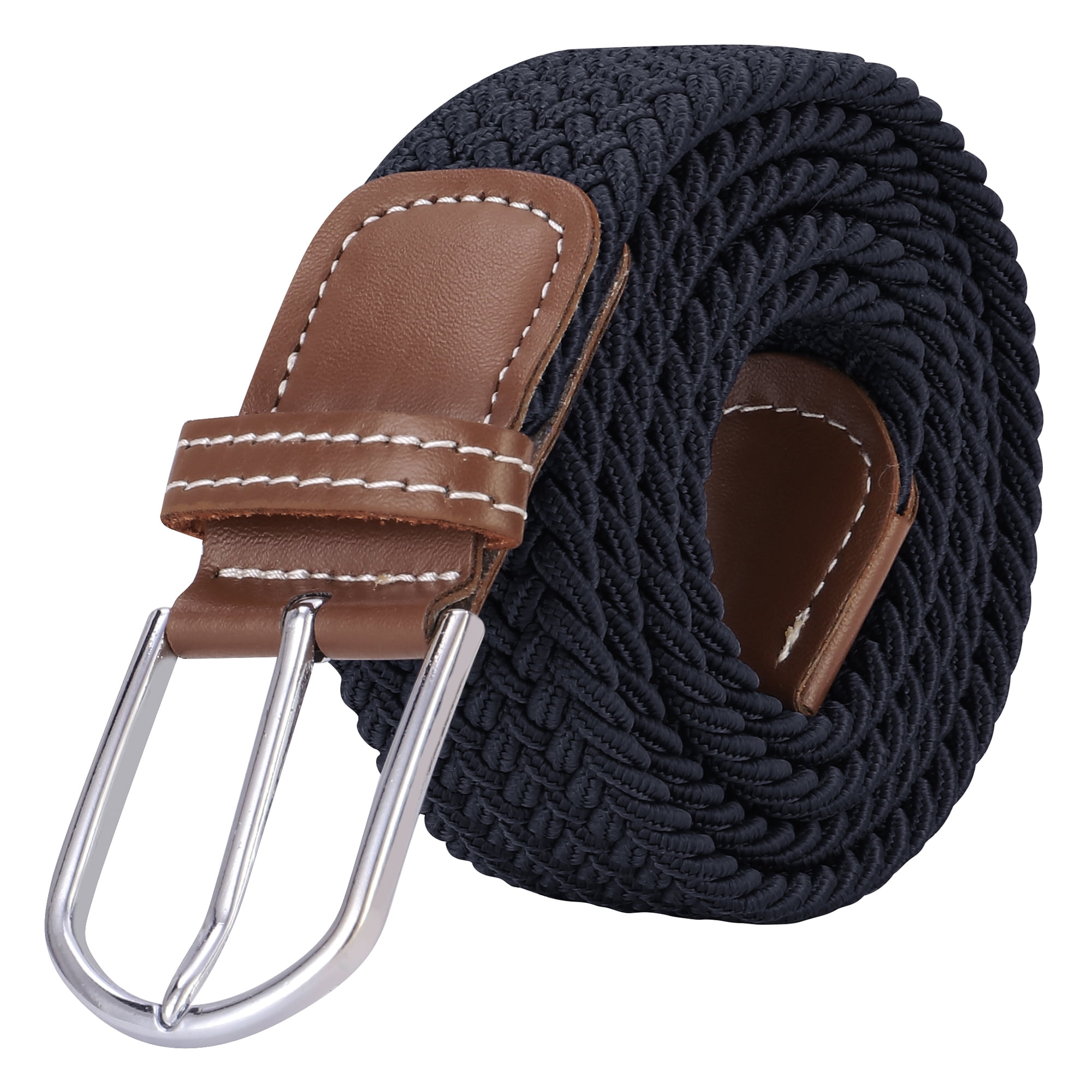 Leather Covered Buckle Woven Elastic Stretch Belt 1 3/8" Width Stretch ...