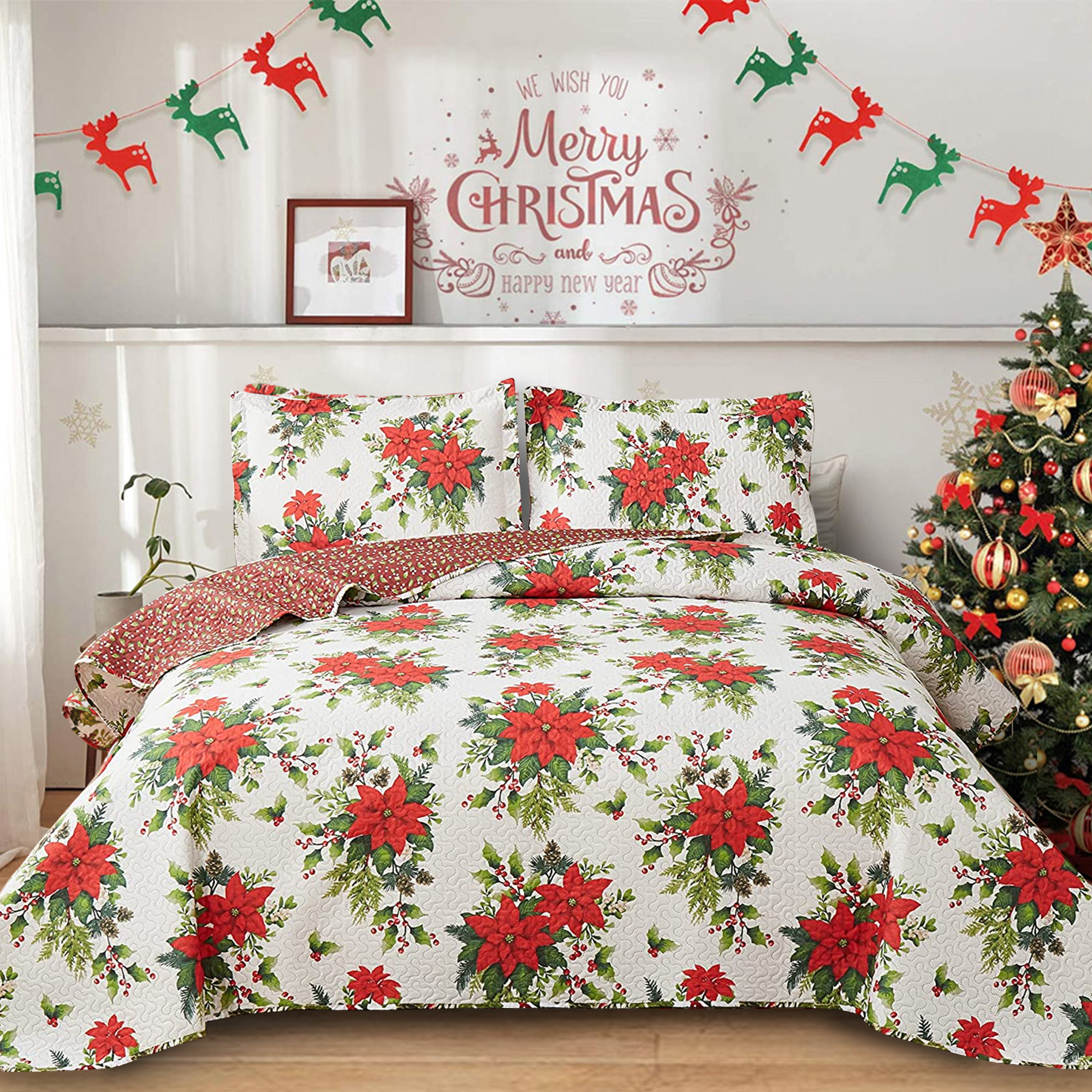 Green Essen Floral Quilt Sets King Size Christmas Quilt Set Lightweight ...