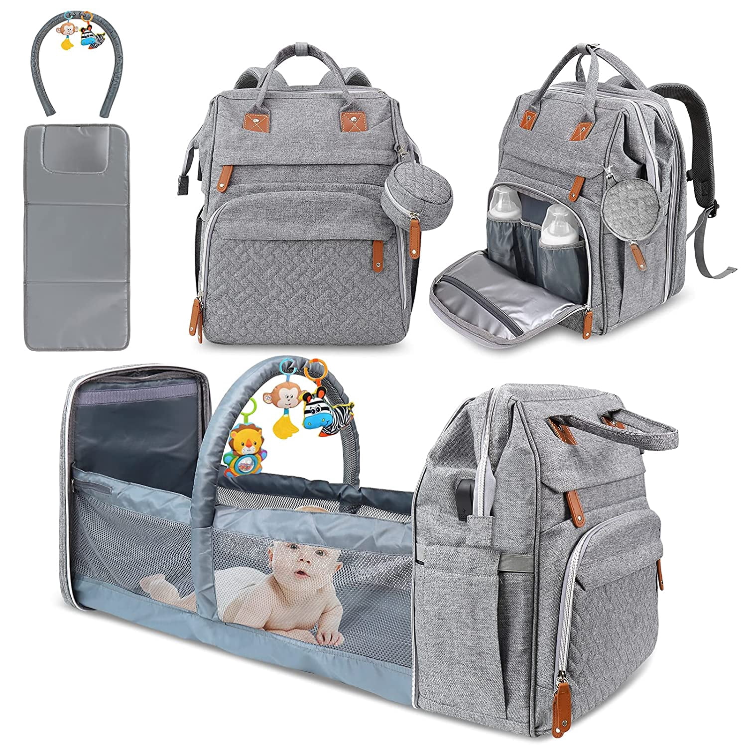Derjunstar Diaper Bag Backpack With Changing Station For Baby Grey Derjunstar Diaper Bag Backpack With Changing Station For Baby Grey