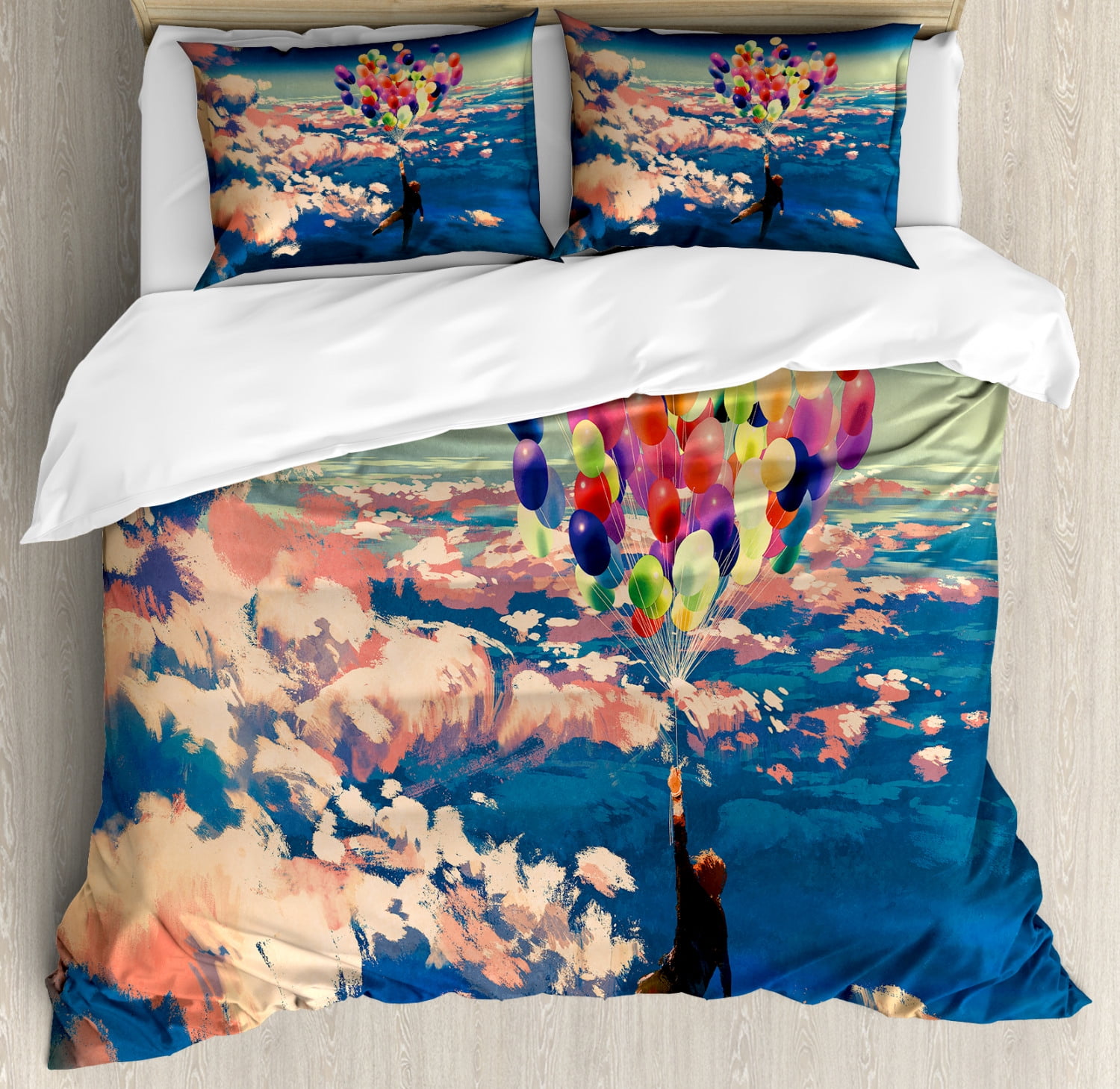 Adventure Decor King Size Duvet Cover Set, Man Flying with Colorful ...