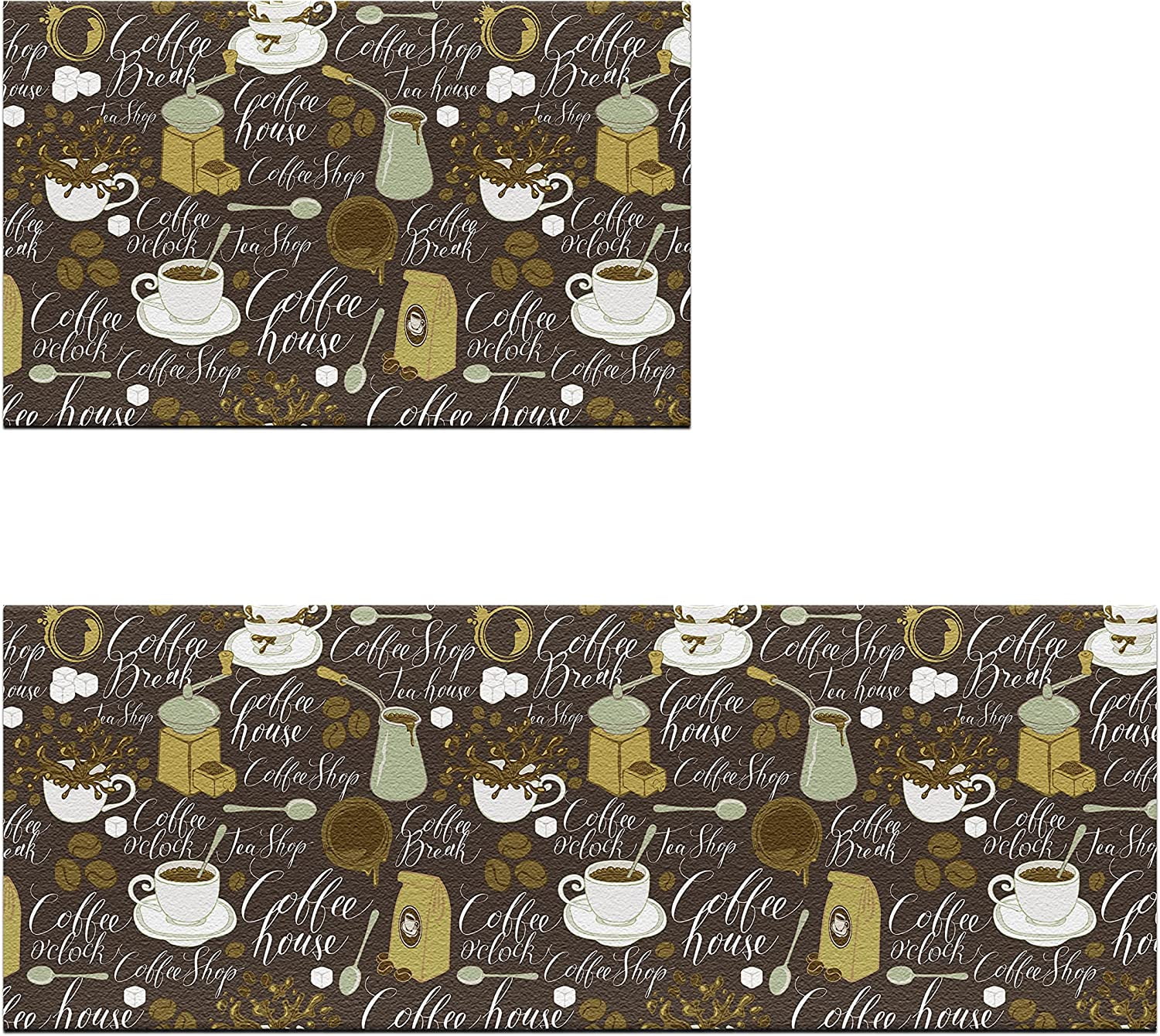 Coffee Theme Kitchen Rugs Set 2 Pieces Anti Fatigue Vintage Brown Cafe ...