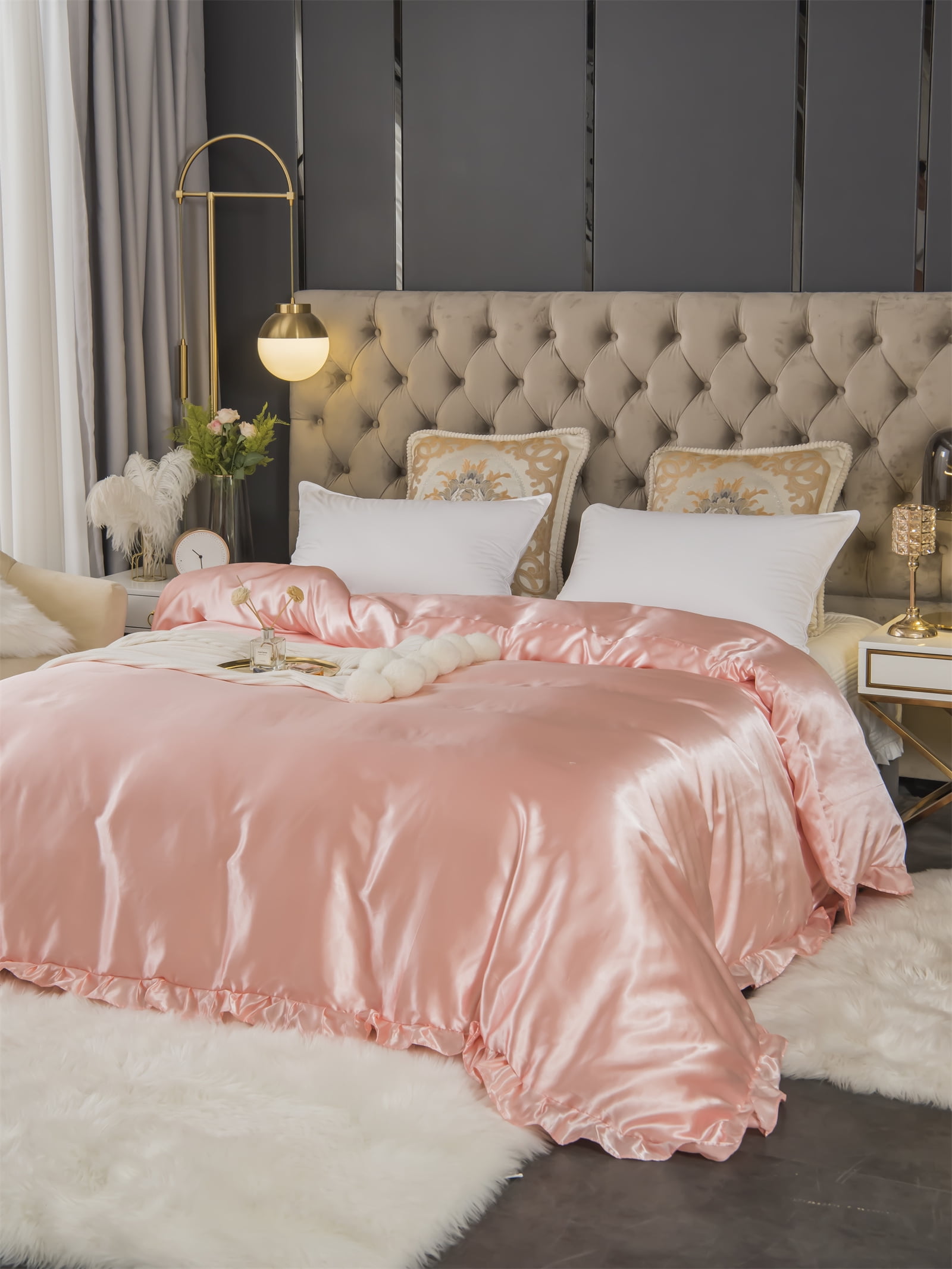 Move Over Satin Ruffle Duvet Cover Queen Only Pink Girls Bedding Set ...