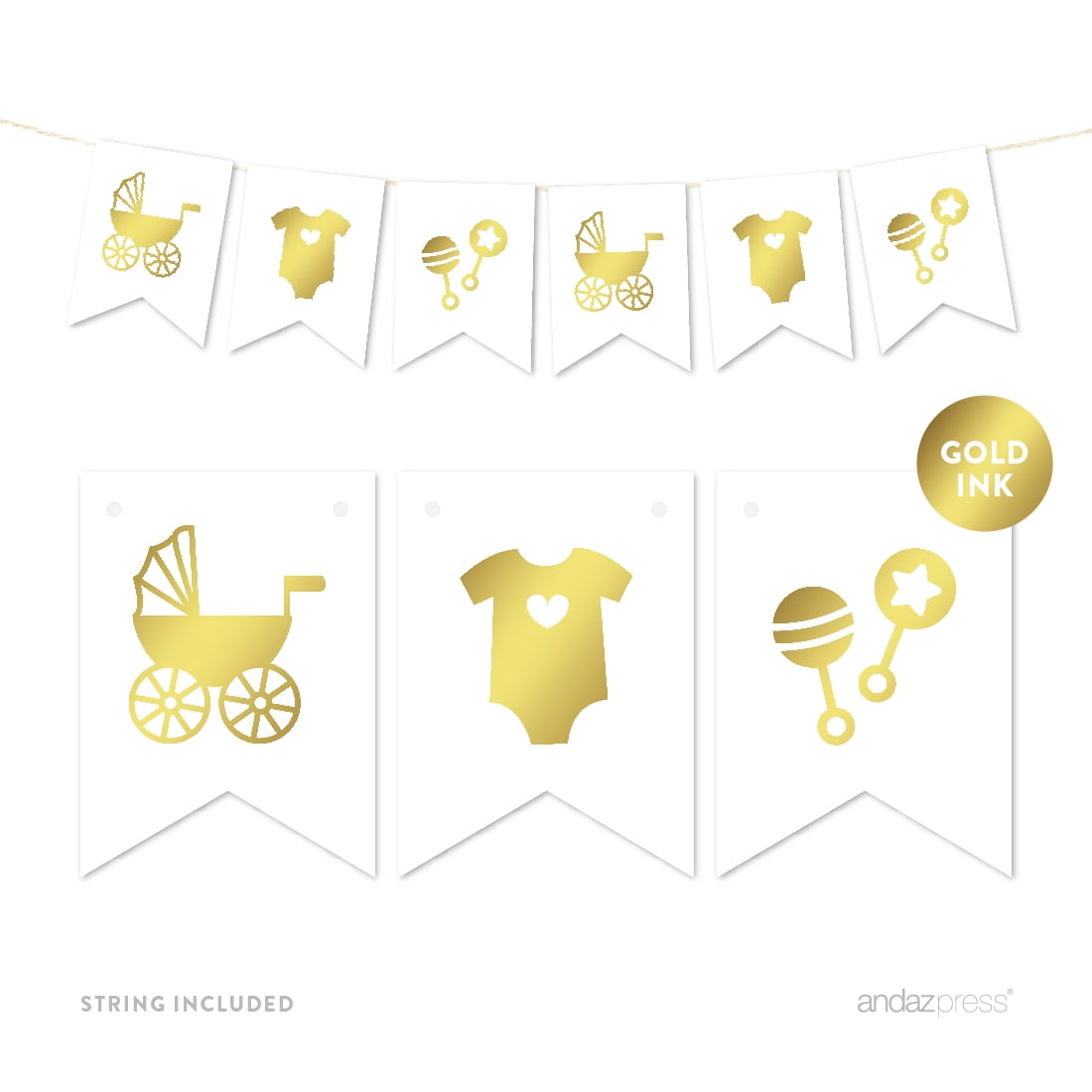 Gold Pennant Party Banner Baby Shower Rattles Carriage Onesie - Walmart.com