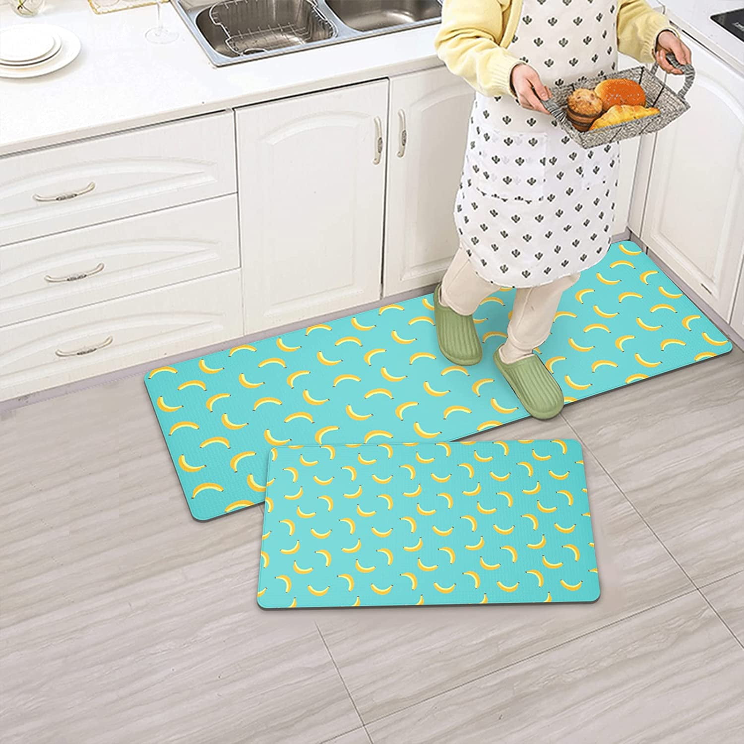 2 Piece Cushioned Kitchen Mat for Standing,Non Slip Banana Teal Kitchen ...