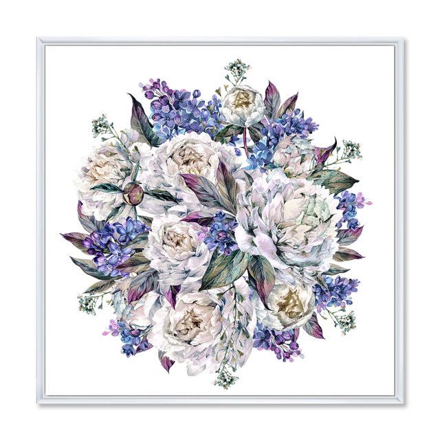 Designart Bouquet Peonies In White and Blue FLOAT FRAME WALL ART ...