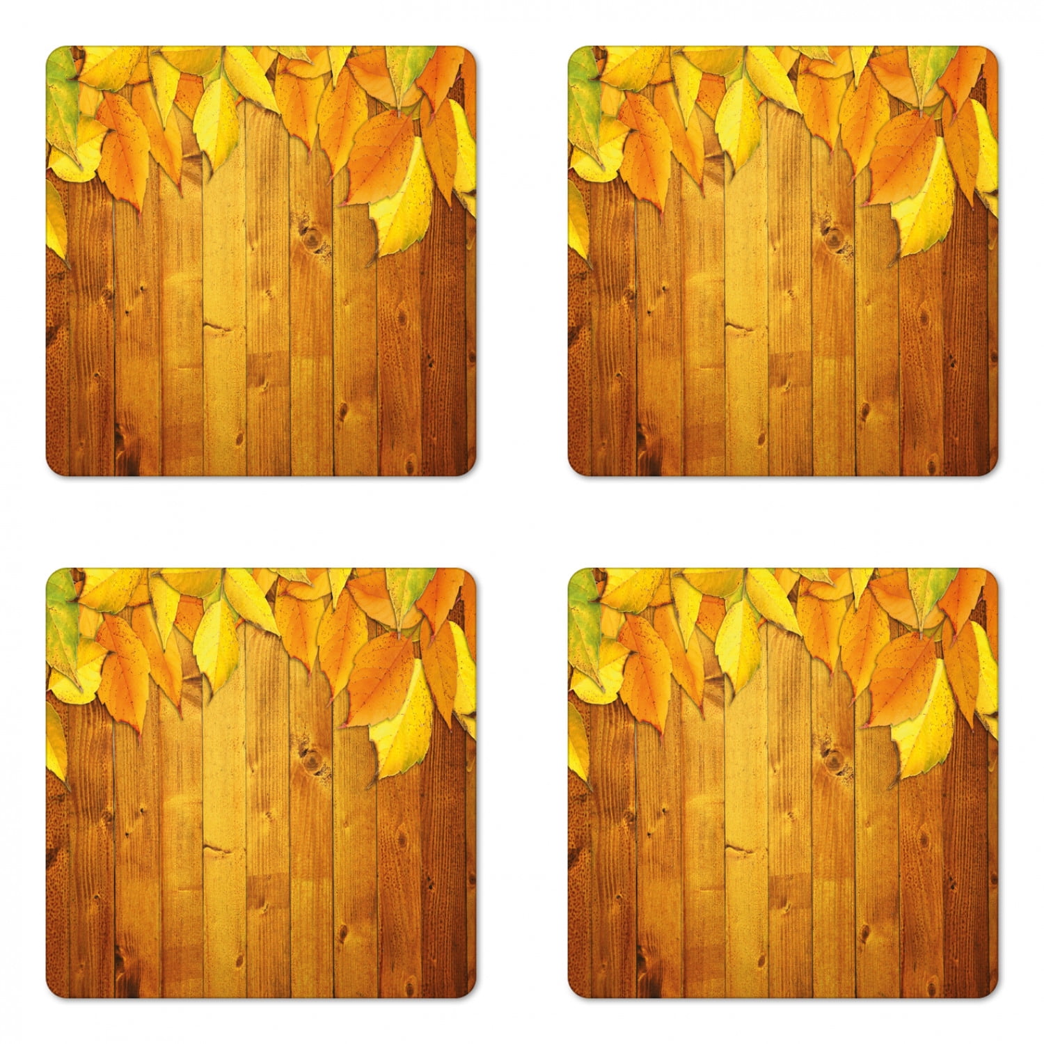 Fall Coaster Set of 4, Colorful Vivid Seasonal Leaves on the Wooden ...