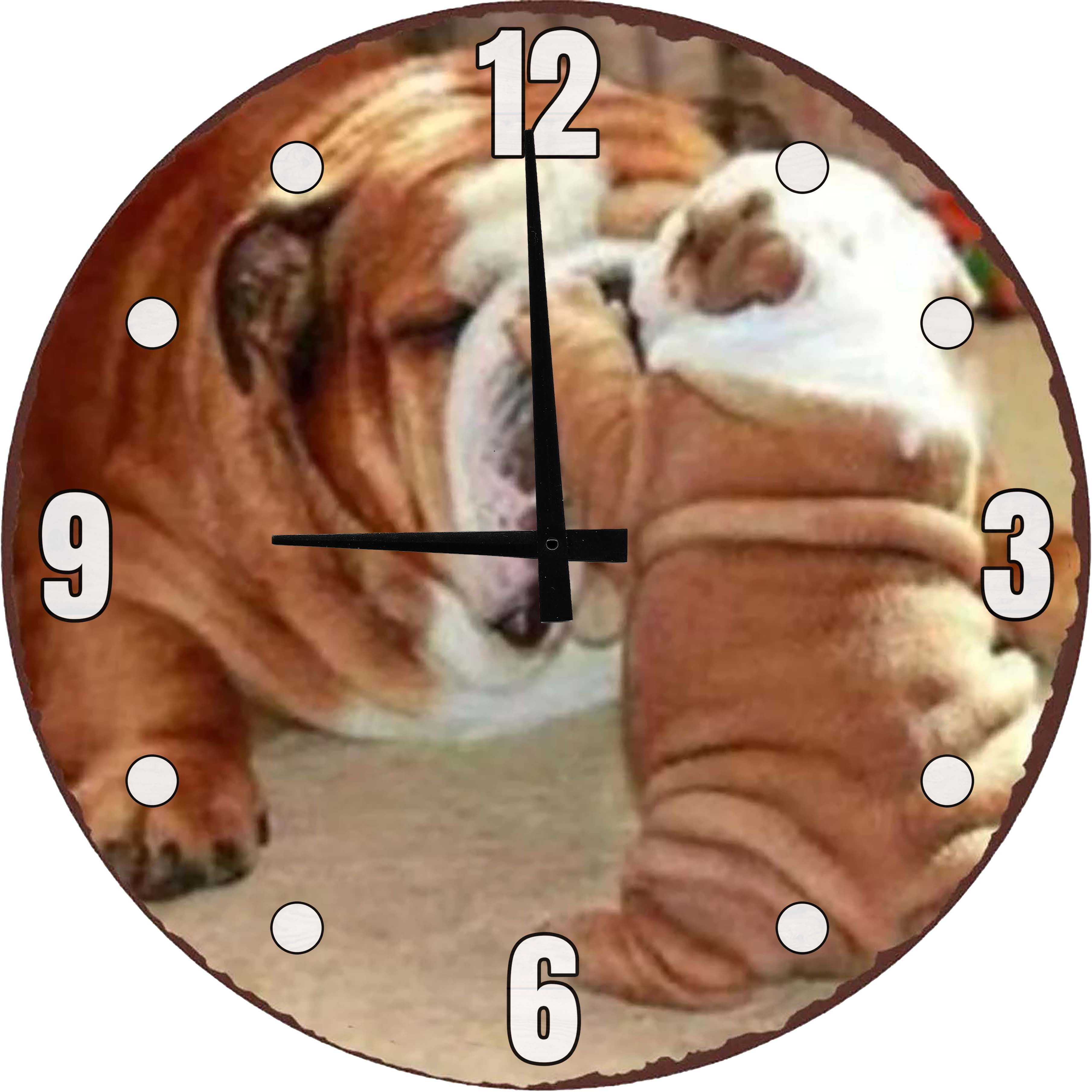 Wood Wall Clock English Bulldog and Puppy Dog Large Wall Clock 18 Inch ...