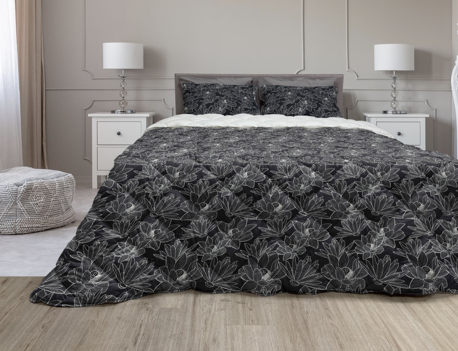 Floral Comforter & Sham Bedding Set, Thin Outline Sketch of Lotus ...