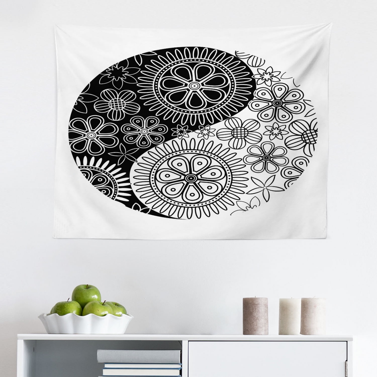 Ying Yang Tapestry, Abstract Design Daisy Flower Power on Tao Sign ...