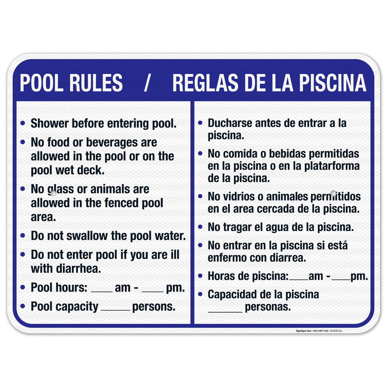 Swimming Pool Rules Bilingual Sign, Spanish English , - Walmart.com