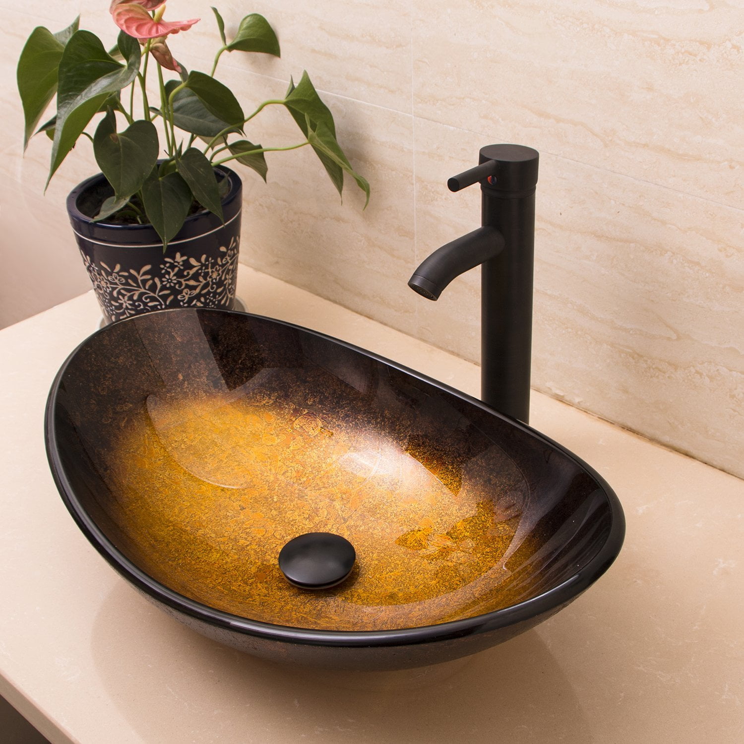 Ainfox Bathroom Artistic Tempered Glass Vessel Sink Bowl With Faucet And Pop Up Drain Combo