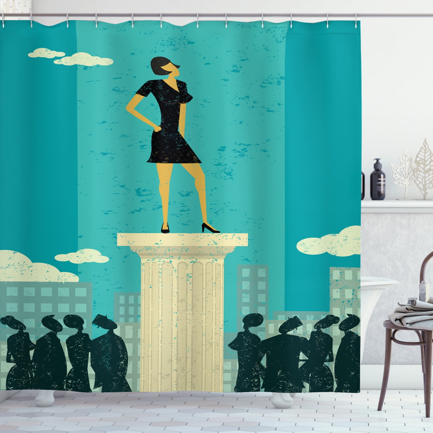 Boss Lady Shower Curtain, Lady Standing and People Looking up at Their ...