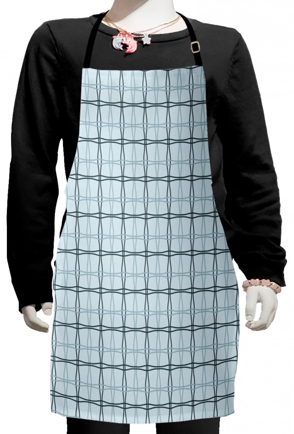 Blue Kids Apron, Square Patterns with Wavy Lines Spring Picnic Inspired ...