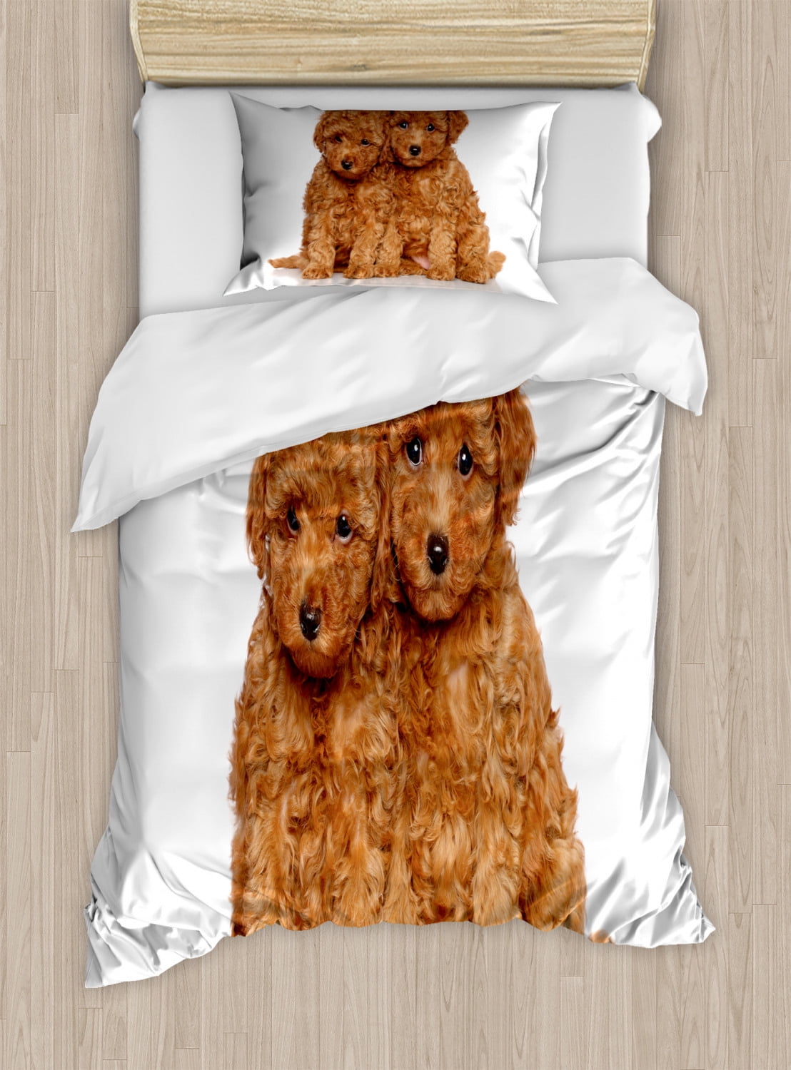 Poodle Duvet Cover Set Twin Size, Puppies Cozily Posing on a Plain ...