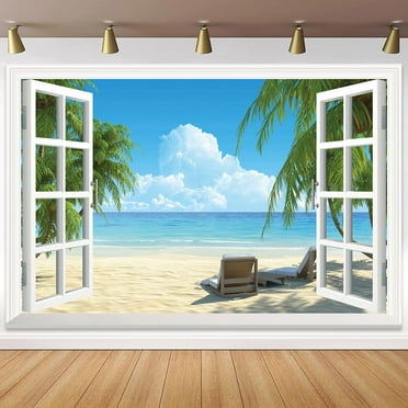 Ocean-Themed Tropical Island Photo Backdrop, Coconut Trees, Sea, Beach ...