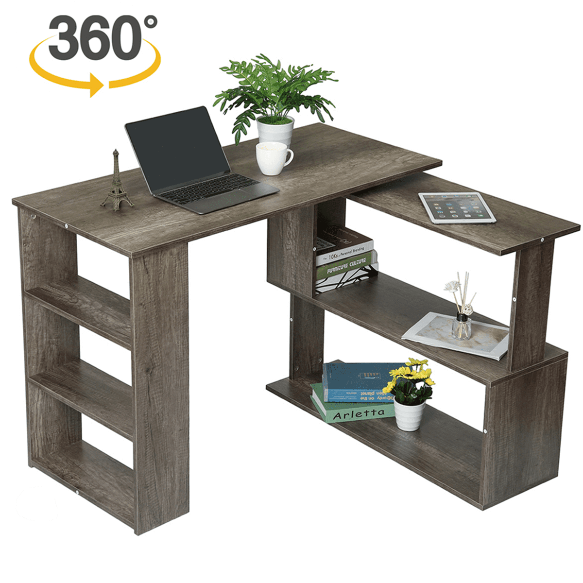Hoffree L Shaped Computer Desk, 360 Degree Rotating Home Office Desk ...