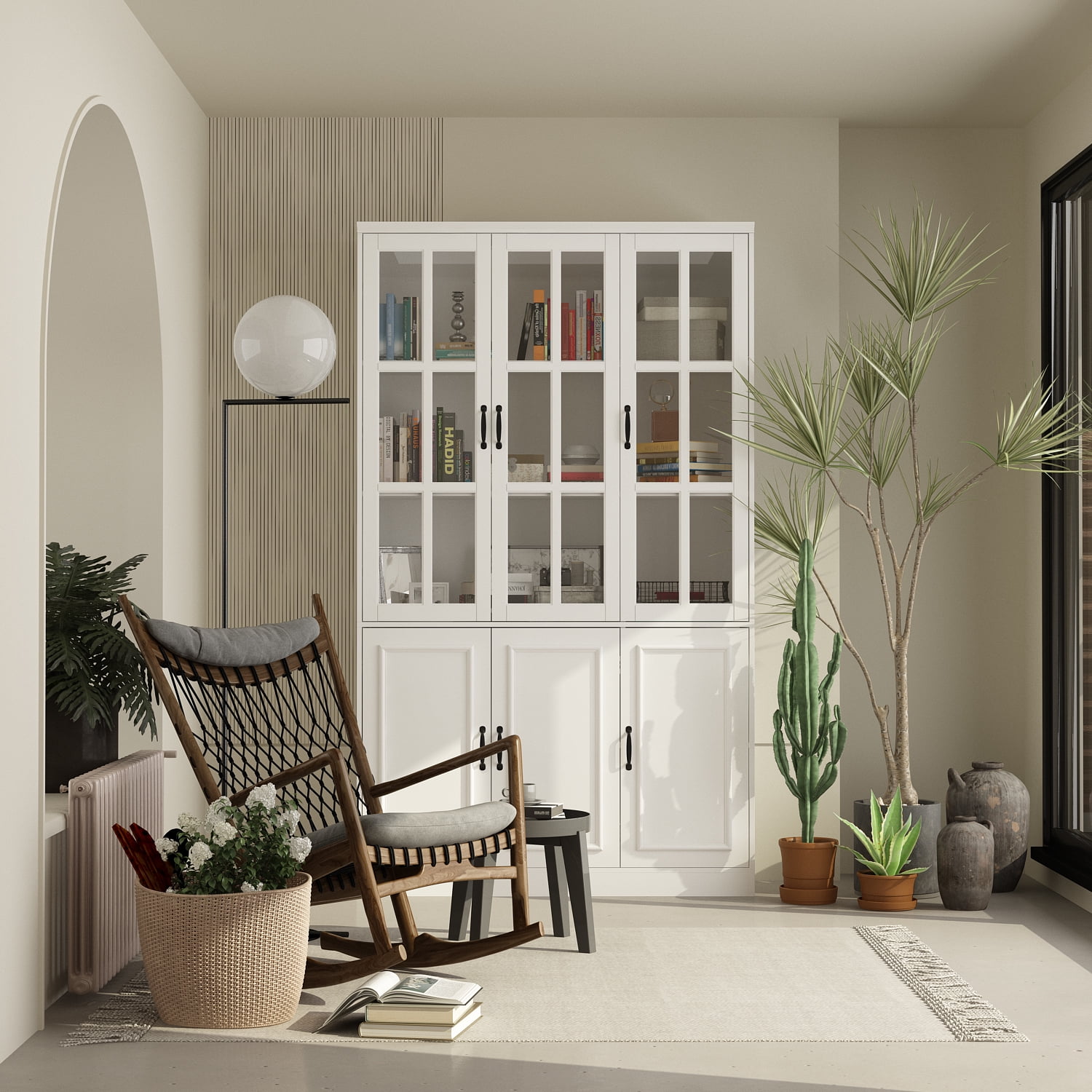 Hitow 5-Tier Bookcase with Glass Door,6-Door Kitchen Pantry Display ...