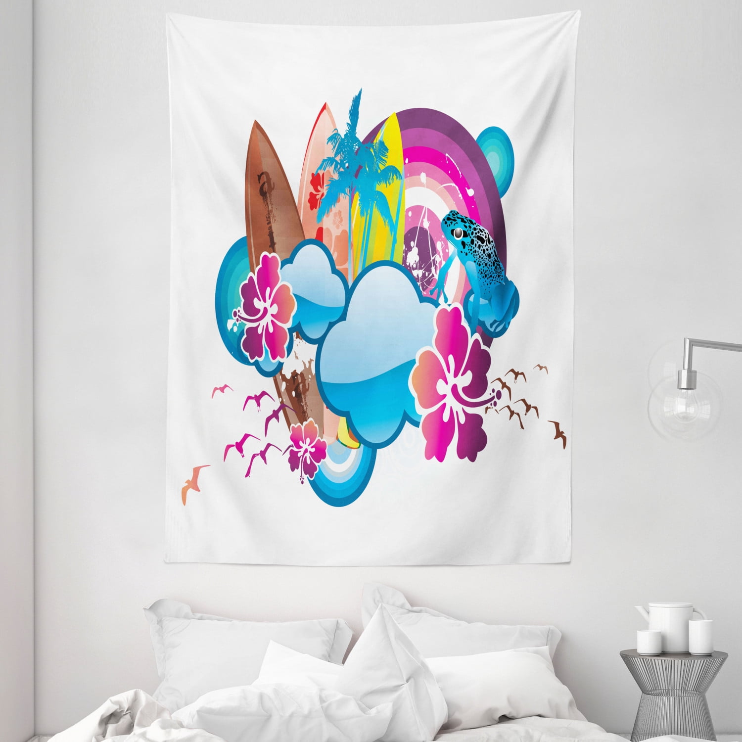 Summer Tapestry, Cartoon Print Season Hot Beach Vbes with Surfing Boat ...