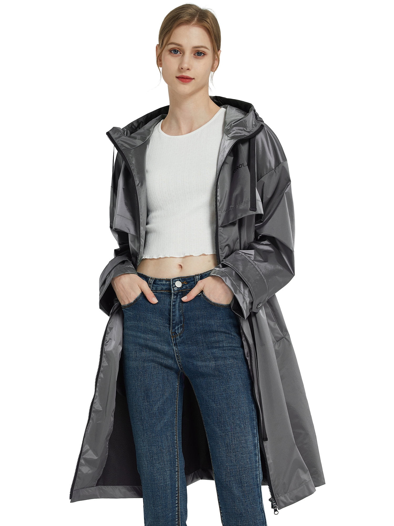 Orolay Women's Rain Waterproof Hooded Trench Coat Jacket with Waist ...