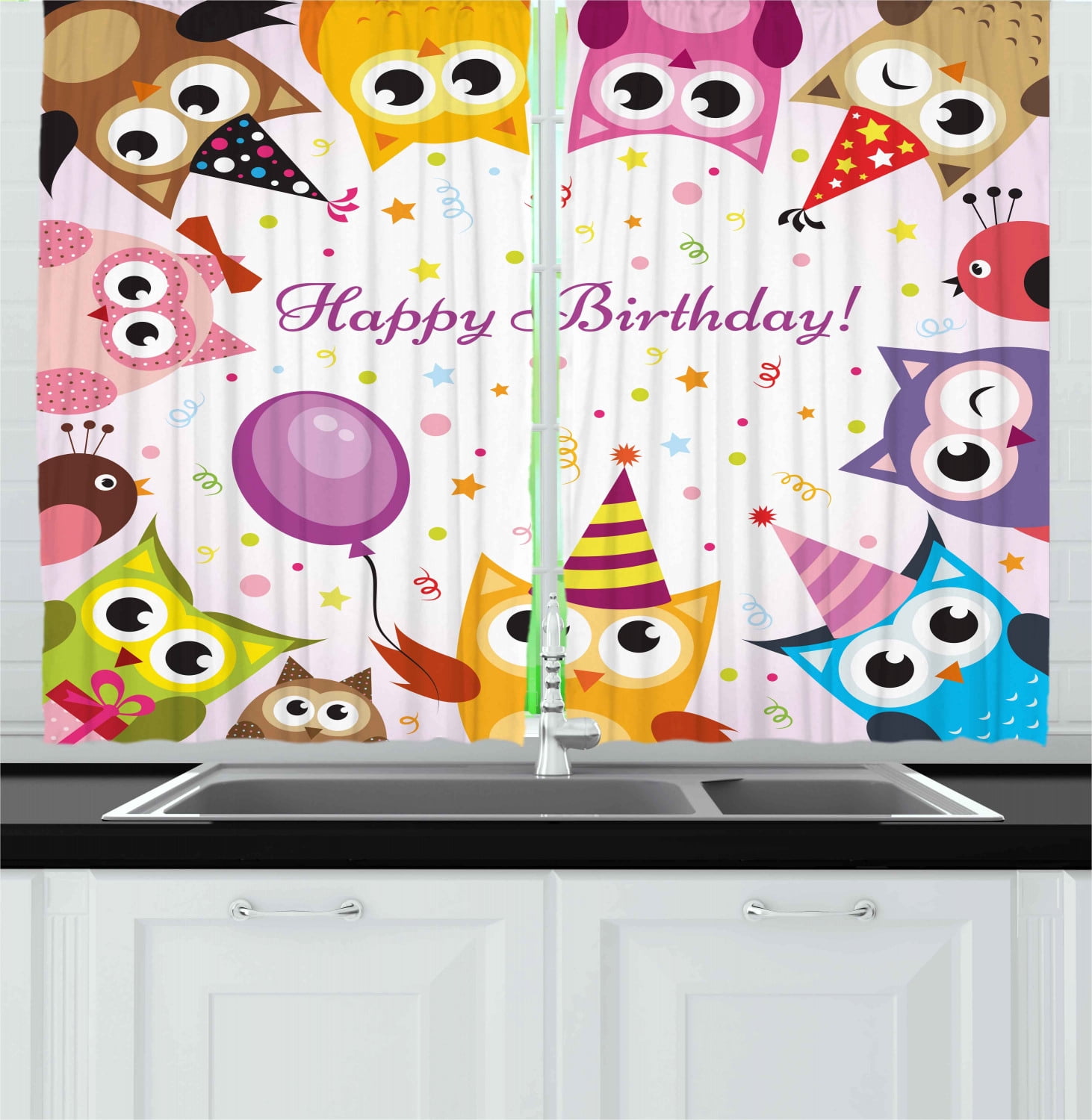Kids Birthday Curtains 2 Panels Set, Birthday Party Owl Family with ...