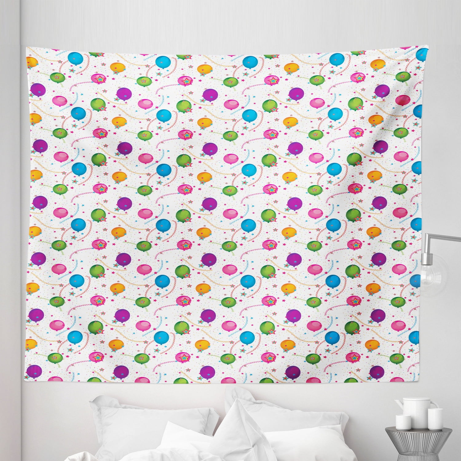 Birthday Tapestry, Vibrant Colored Flying Balloons with Stars and ...
