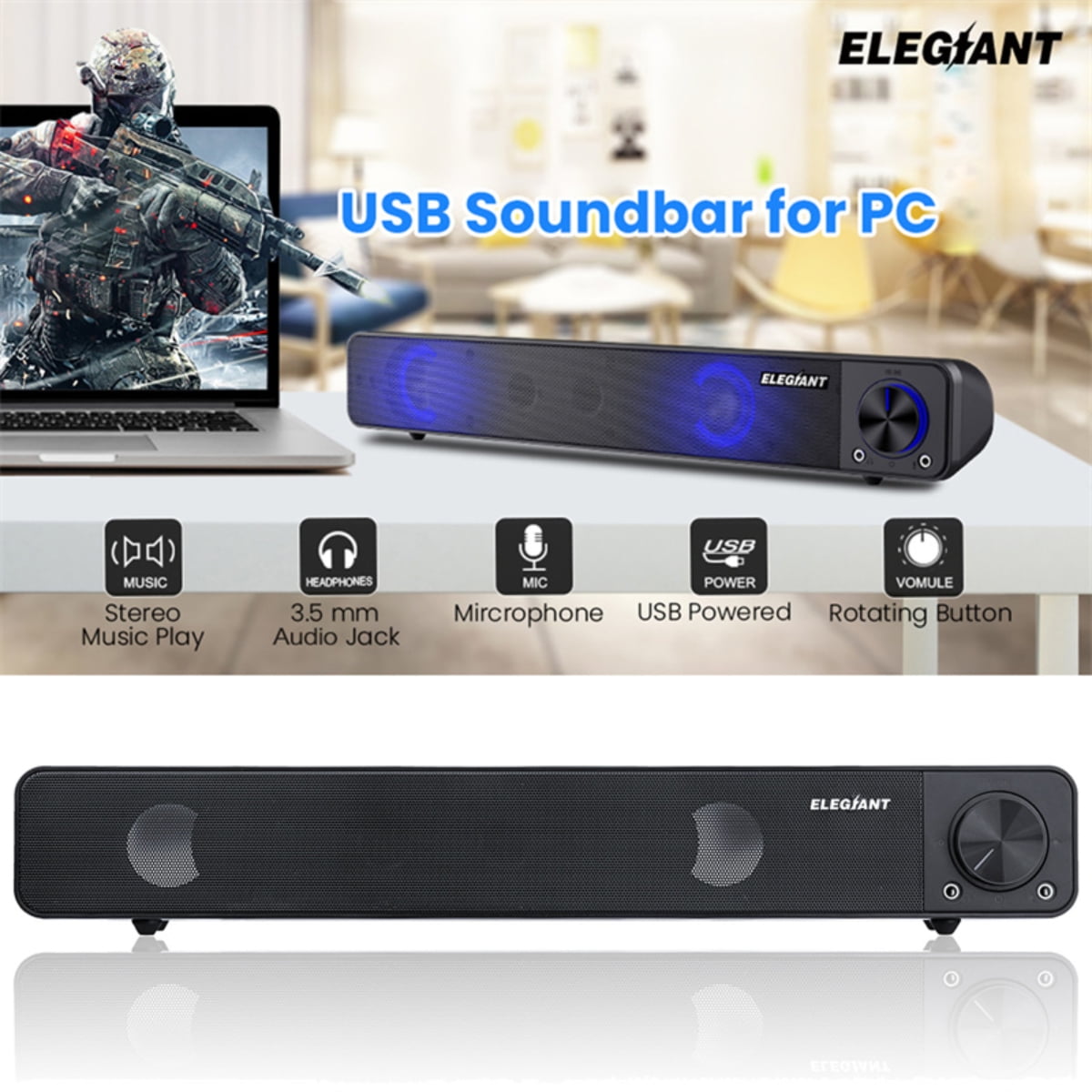 USB Computer Speaker, One-Button Control RGB Stereo Sound Bar with Mic ...
