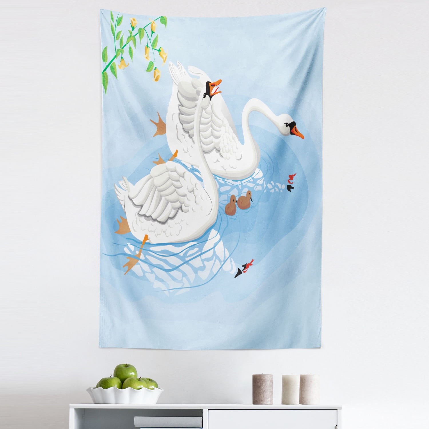 Swans Tapestry, Gracious Animals in River Reflections Floral Art ...