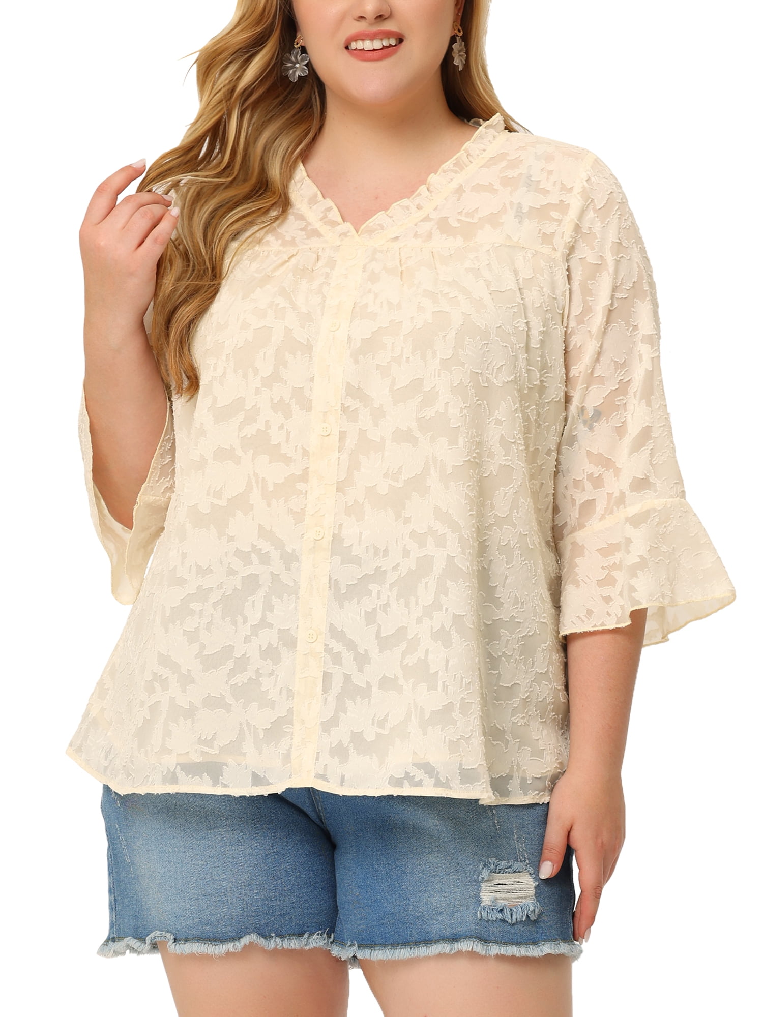 Agnes Orinda Womens Plus Size Ruffle V Neck 3 4 Flare Sleeve Semi