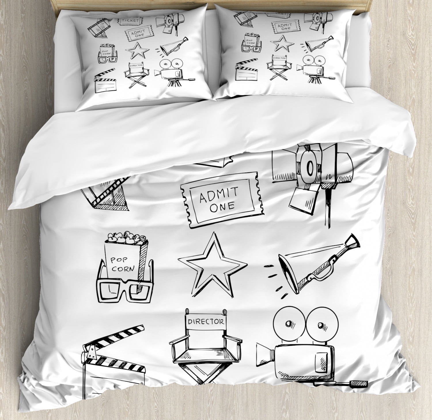 Movie Theater King Size Duvet Cover Set, Sketchy Movie Icon Set in ...