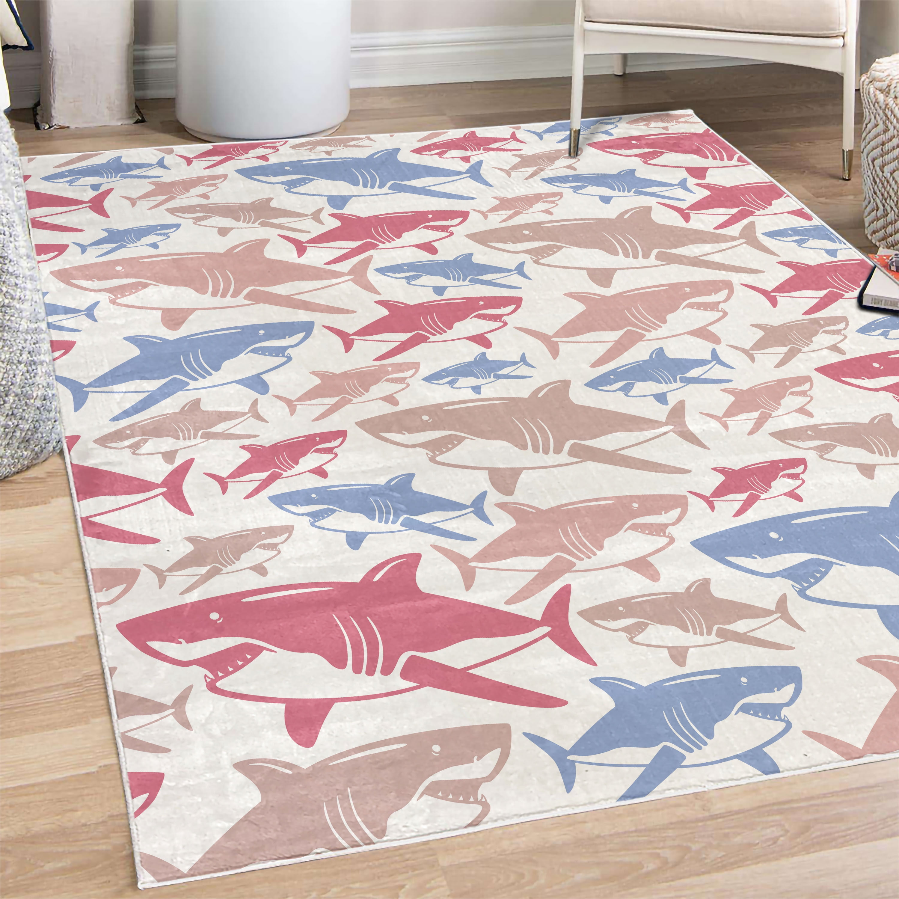 Shark Decorative Rug, Colorful Underwater Fish Pattern Masters Survival ...