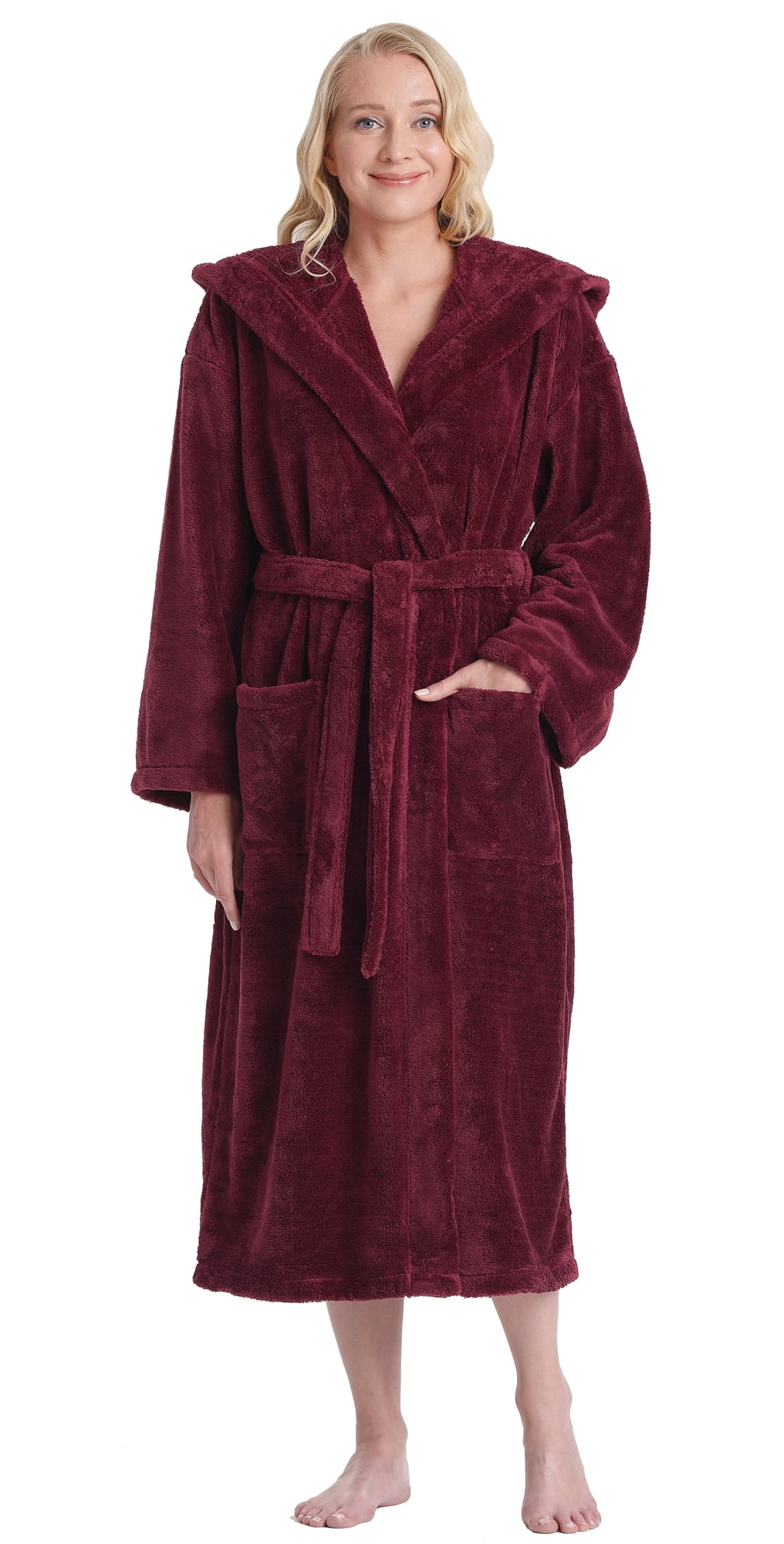 Women's Hooded Satin Look Fleece Plush Robe Turkish Bathrobe, Burgundy ...