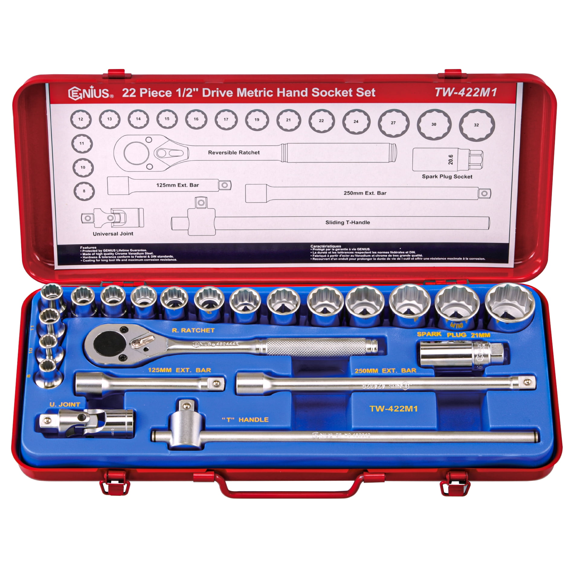 Genius Tools 22 Piece 1/2" Dr. Metric Hand Socket Set (12-Point) - TW ...