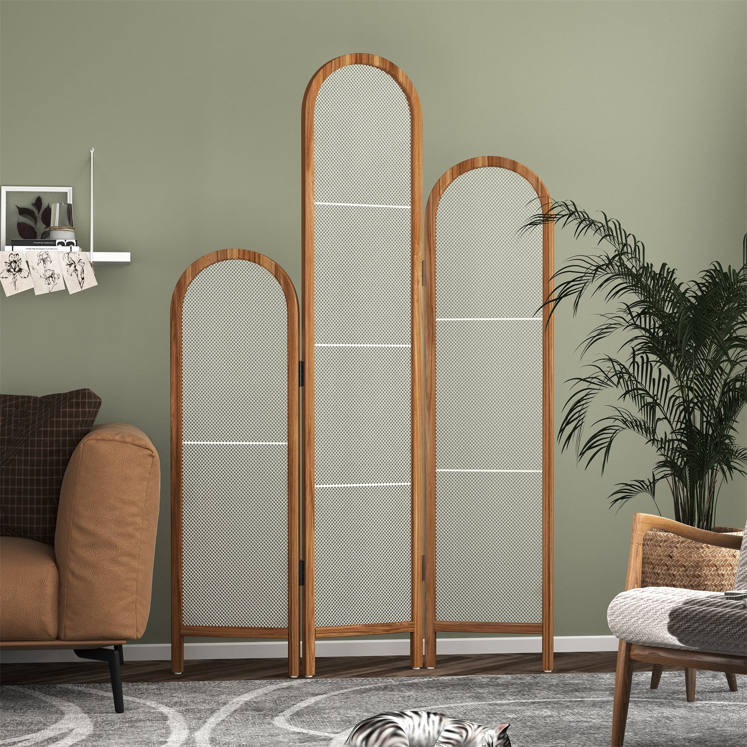 Canddidliike Modern Wooden Gold Screen Room Divider with Metal Mesh ...