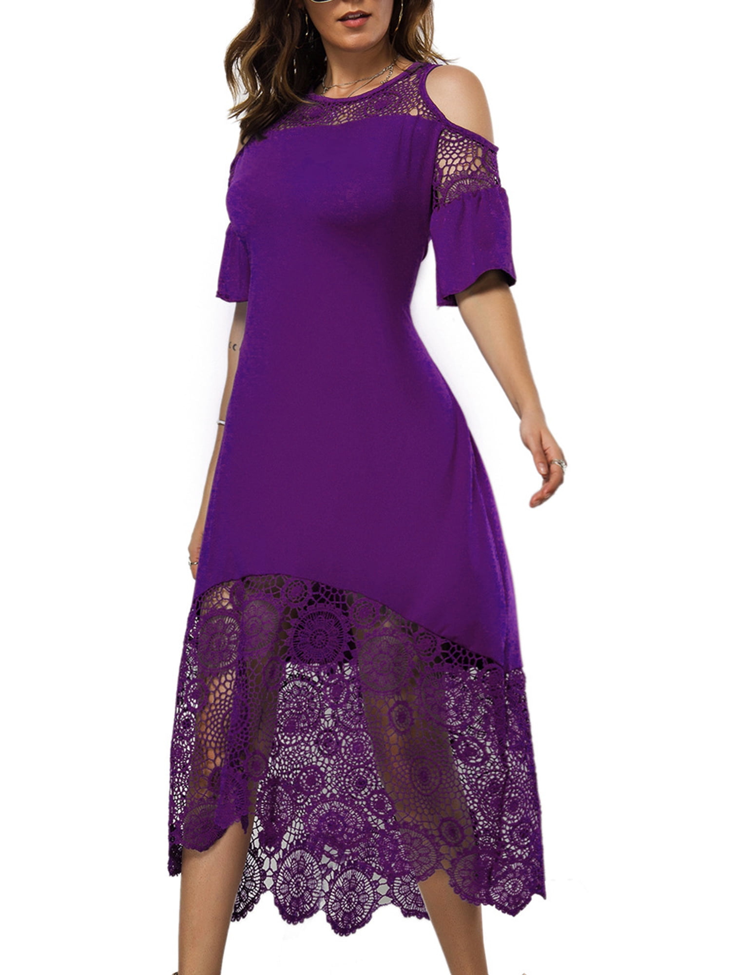 Niuer Ladies Loose Lace Crochet Long Dress Women Sheer Maxi Dresses