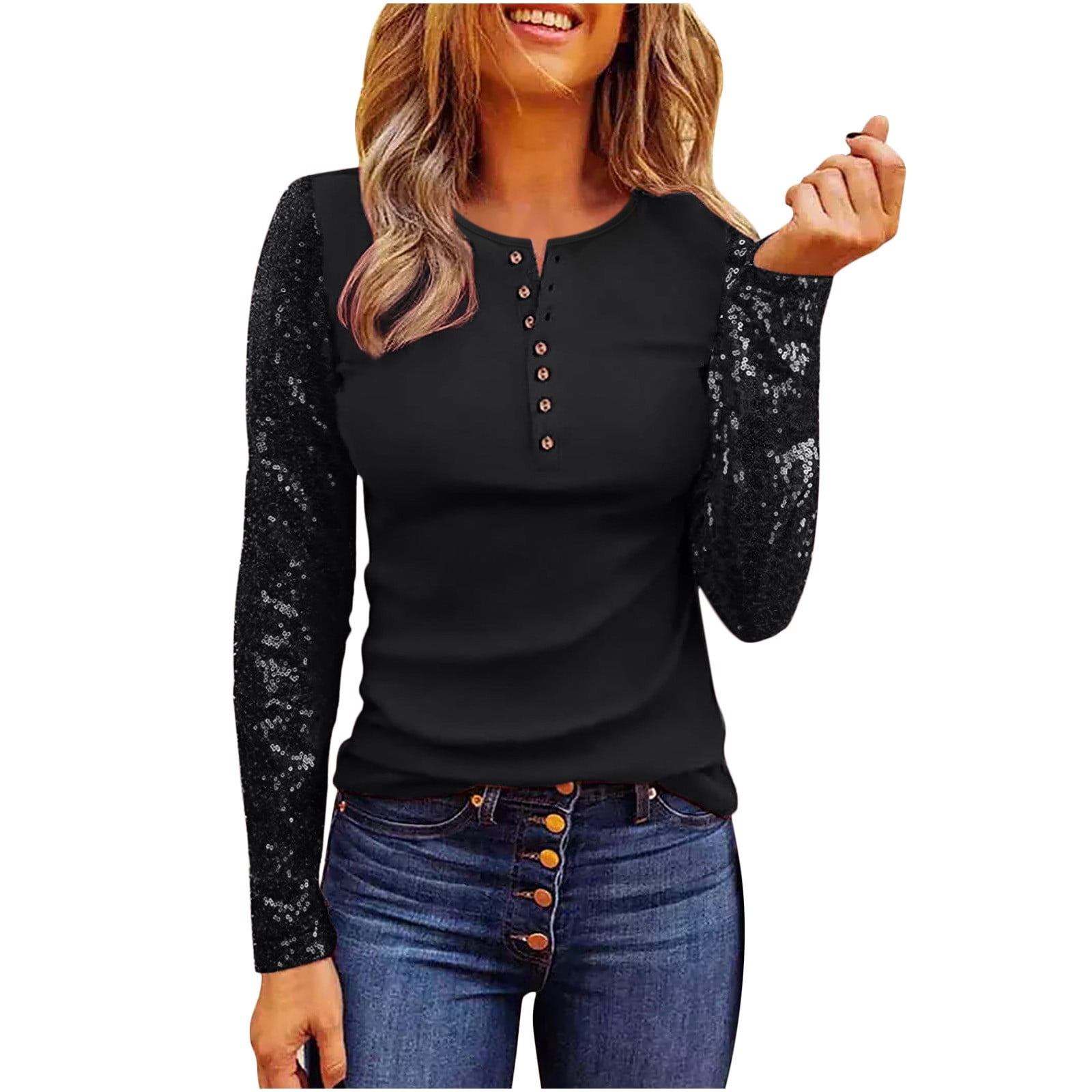 Honeeladyy Clearance under 5$ Shiny Sequin Henley Shirts for Women ...