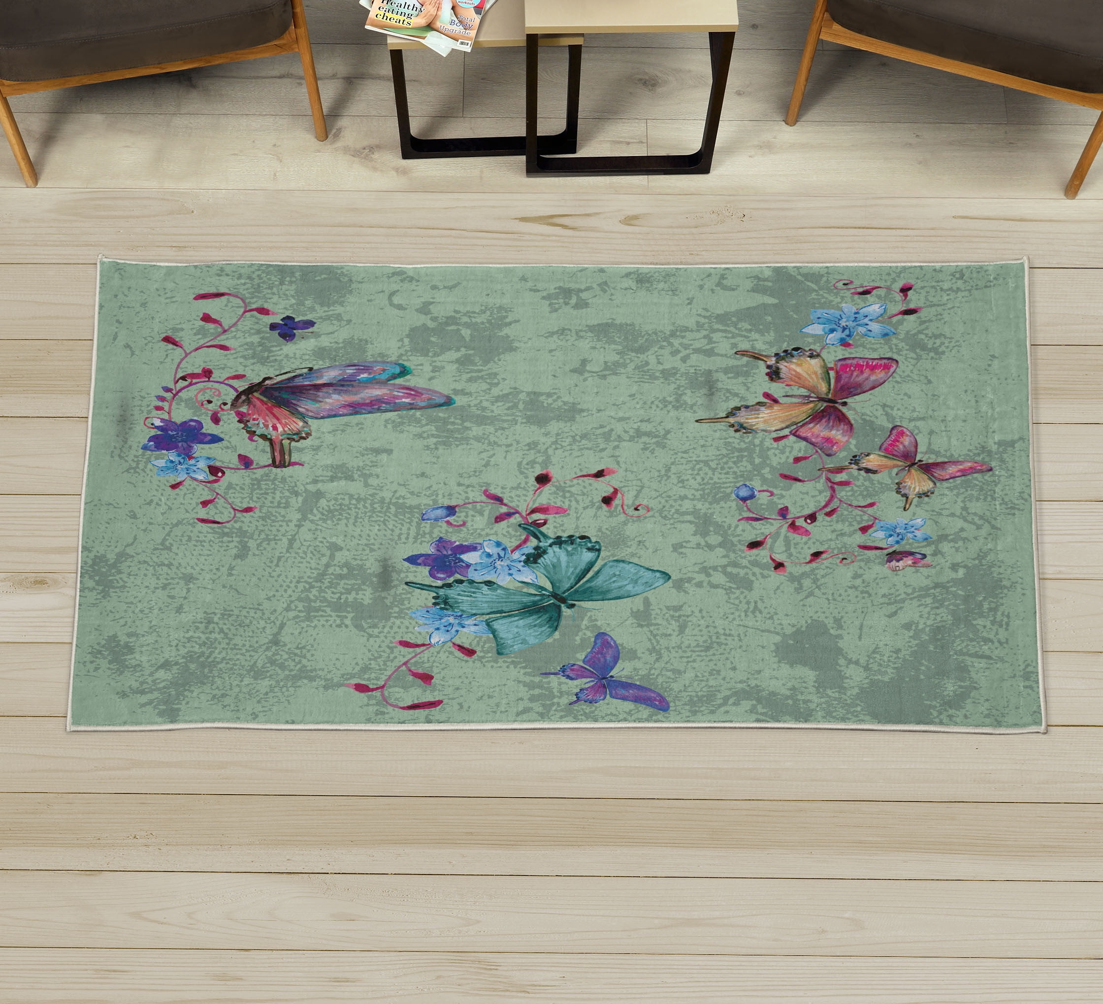 Butterfly Decorative Rug, Springtime Flying Moths on Vintage Style ...