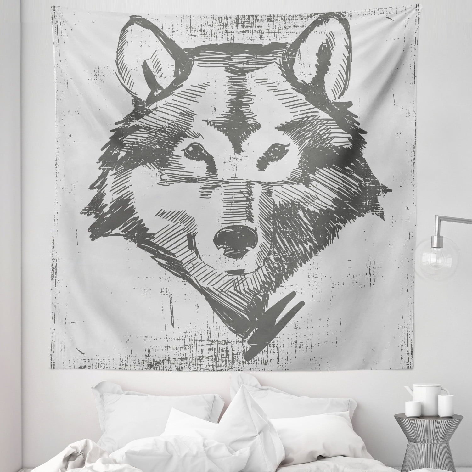 Wolf Tapestry, Monochrome Sketch Style Detailed Animal Pattern Grunge ...
