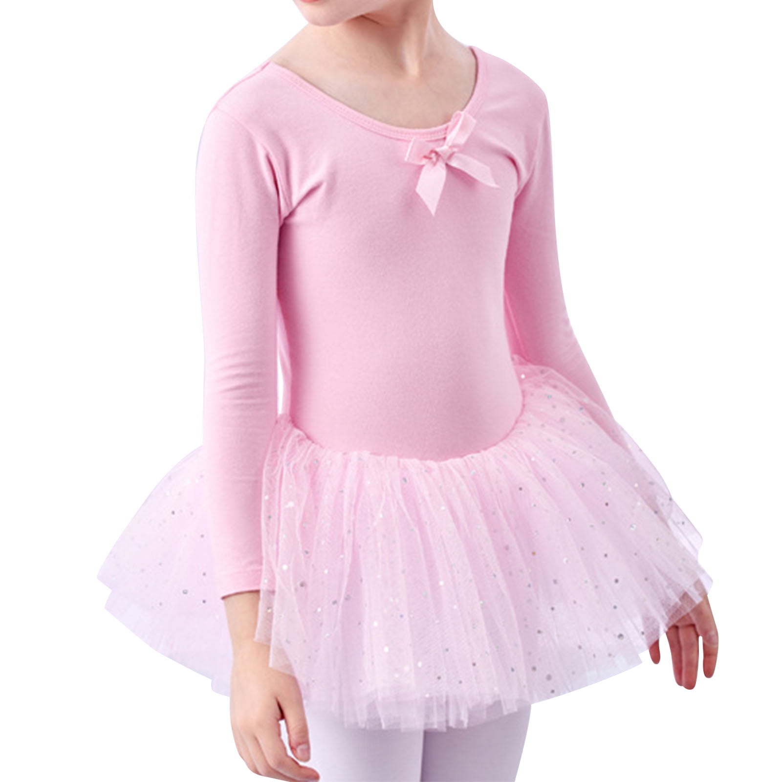 Lenpel Leotards For Girls Toddlers Cotton Crew Neck Long Sleeve Performance Bodysuits With Mesh Skirts Children Dance Outfits(Pink 6-7 Years)