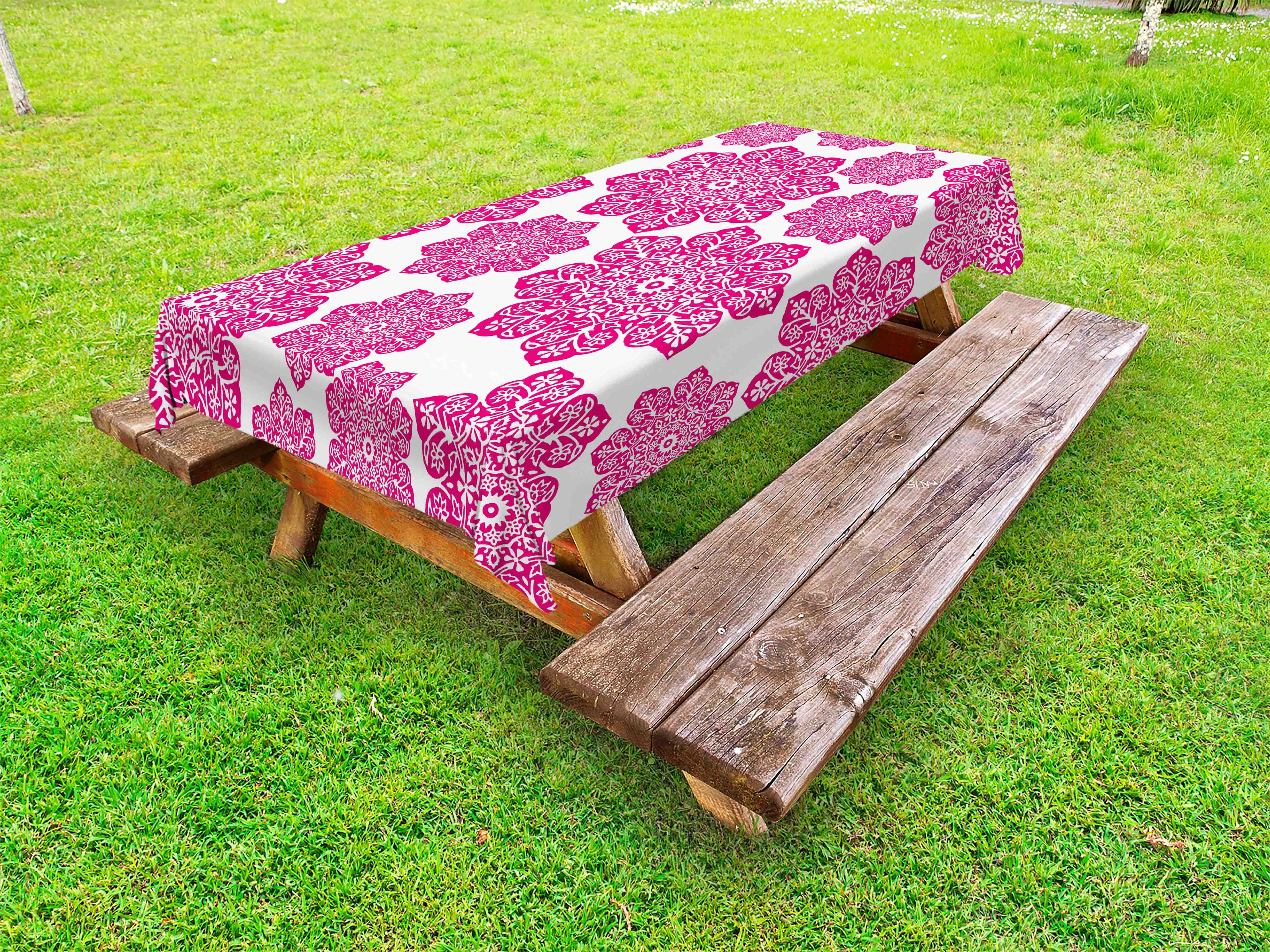 Hot Pink Outdoor Tablecloth, Ethnic Batik Floral Arrangement with ...