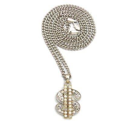 Stone Stud Dollar Sign Pendant with 3mm 24" Cuban Chain Necklace ...