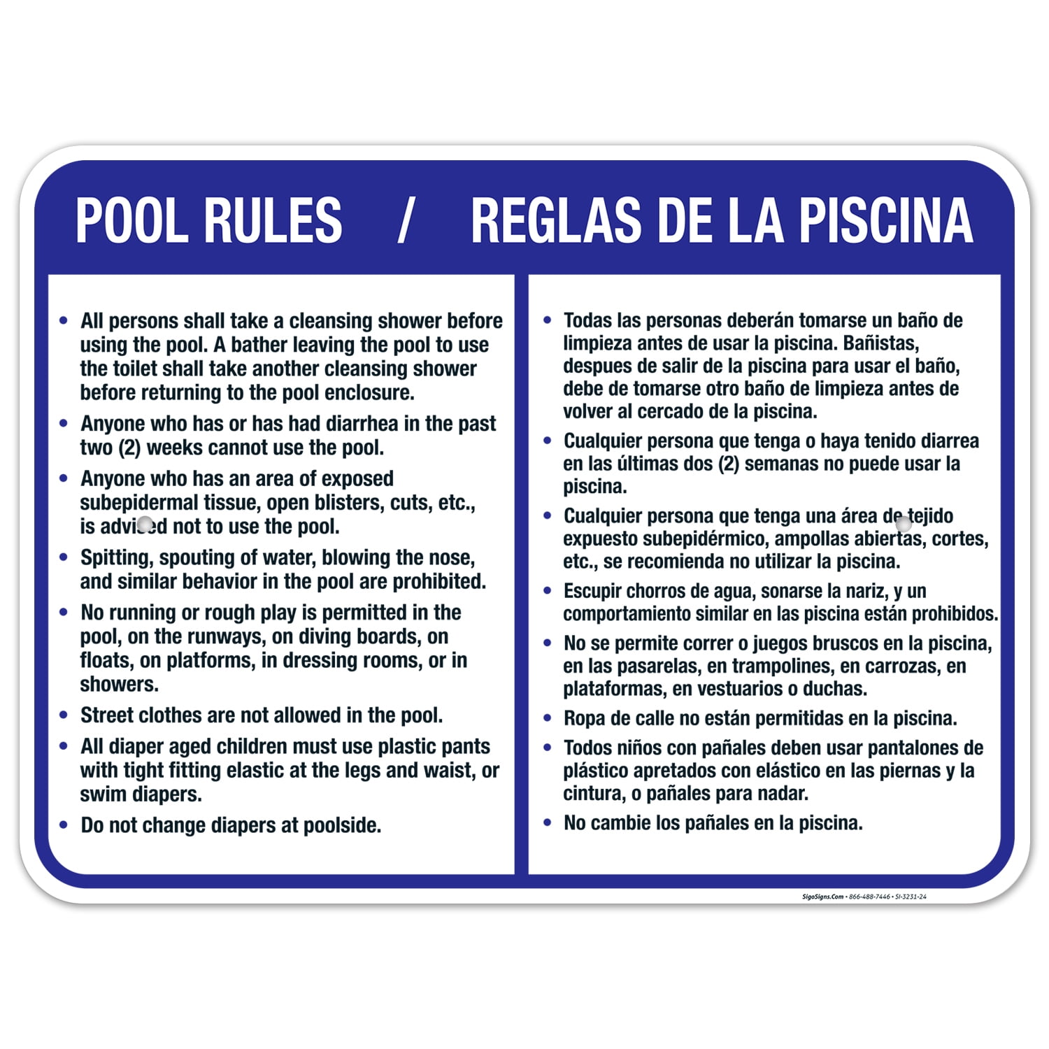 Pool Rules Bilingual Sign, Spanish English , - Walmart.com