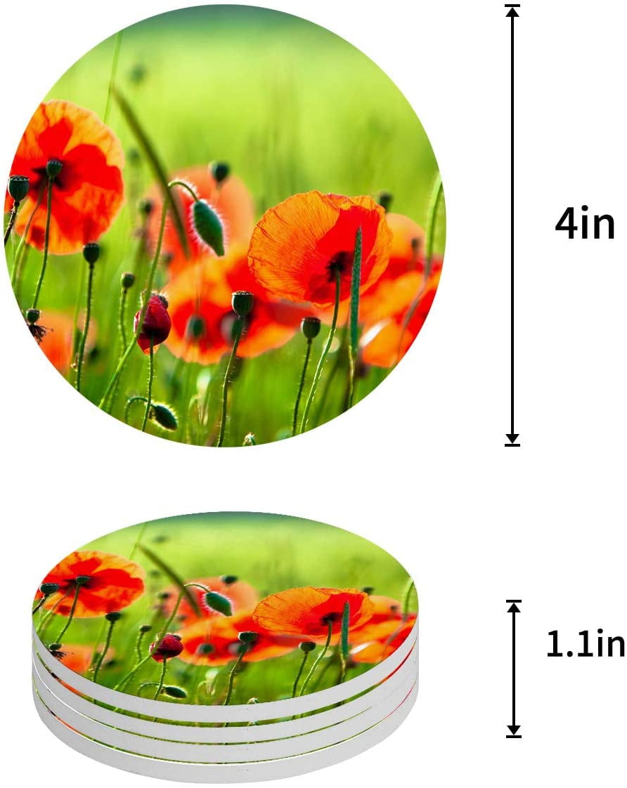 ZHANZZK Poppy Flower Design Set of 6 Round Coaster for Drinks ...