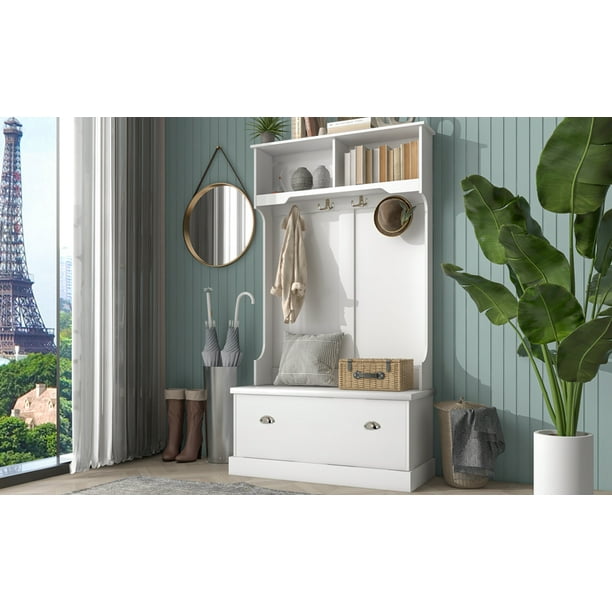 Hall Tree With 4 Hooks Coat Hanger Entryway Bench Storage Bench 3