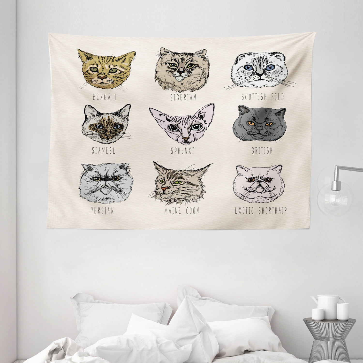 Indie Tapestry, Set of Different Breeds Cat Portraits Doodle Style Cute ...