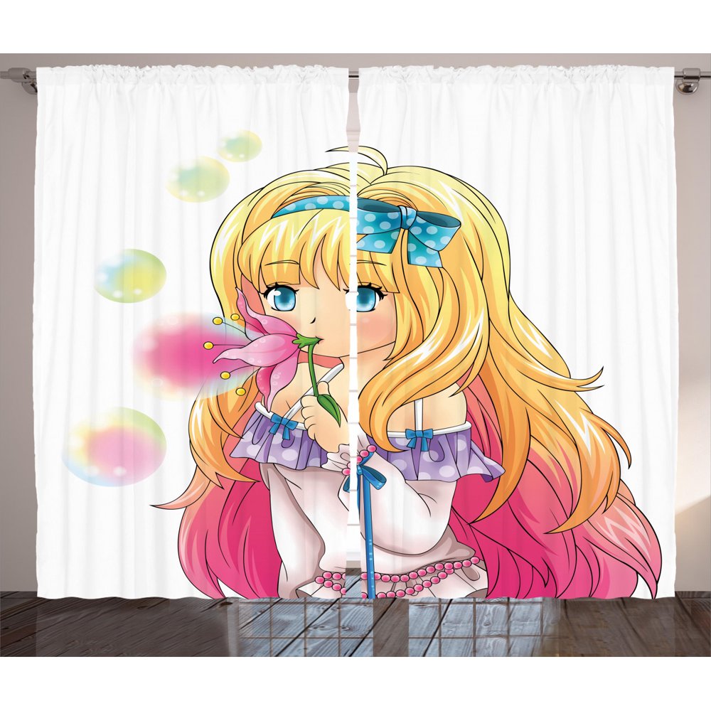 Anime Curtains 2 Panels Set, Cute Manga Girl Blowing Bubbles from a ...