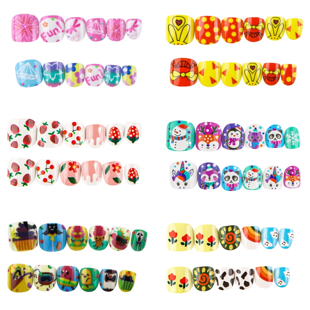 6 sets Fake Nails for Kids Full Cover Short False Nail for Kids Girls ...