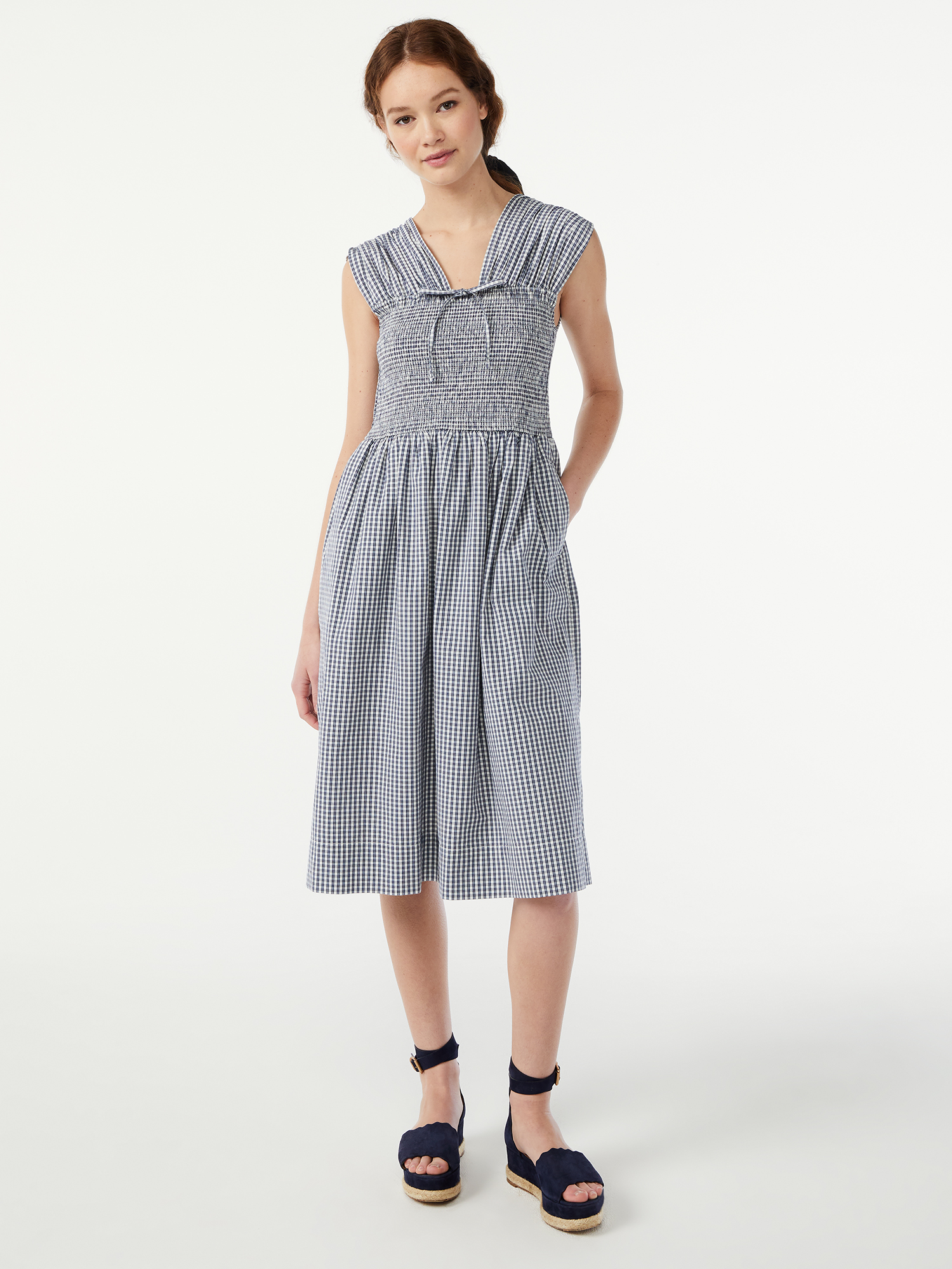 Free Assembly Women's Smocked Midi Dress with Cap Sleeves - Walmart.com