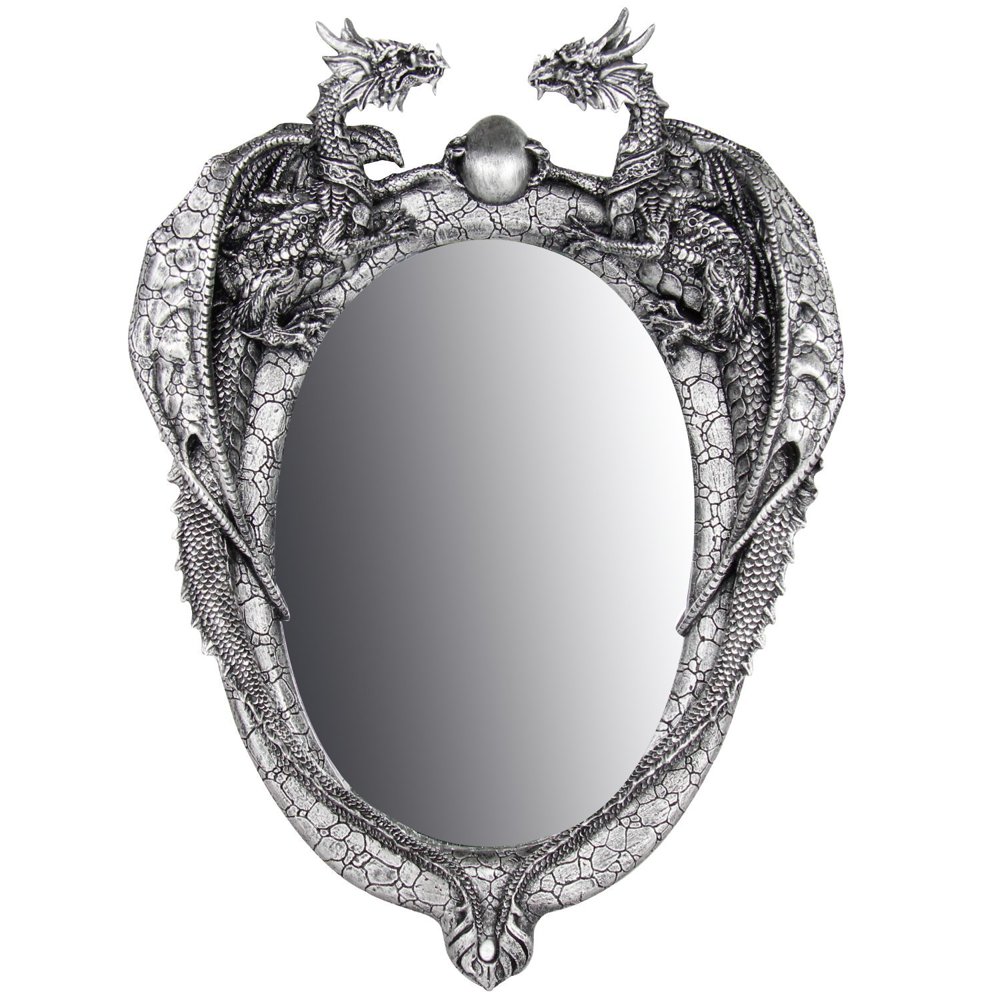 Dragon Twins Sentinel Dragons Guarding Orb Wall Mirror Metallic Pewter ...